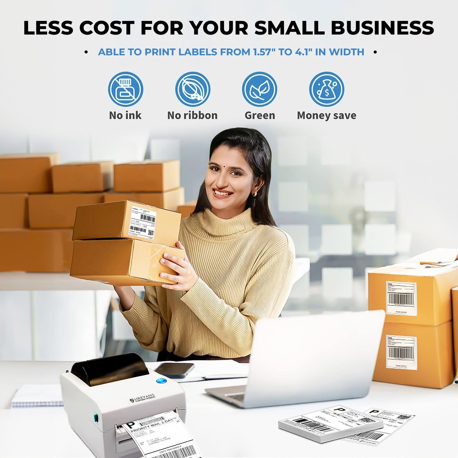 SHREYANS (CD410) 100mm Bluetooth Barcode Label + Receipt Printer with ...